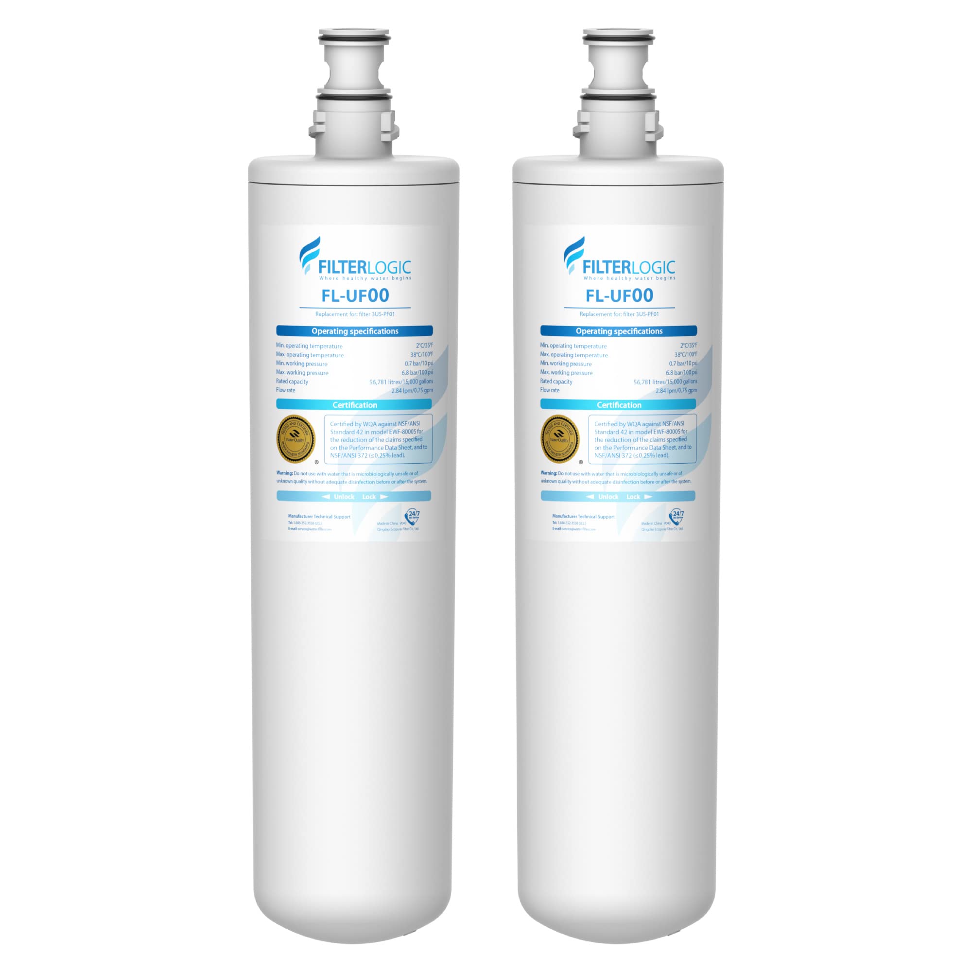 Filterlogic 3US-PF01 Under Sink Water Filter, NSF/ANSI 42 Certified Replacement for Advanced 3US-PF01, 3US-MAX-F01H, 3US-PF01H, Delta RP78702, Manitowoc K-00337, K-00338 (Pack of 2)