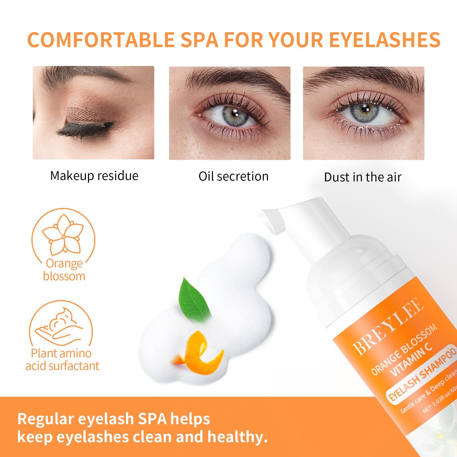 Eyelash Extension Cleanser Brelyee Orange Blossom Lash shampoo 60ml + Brush, Eyelash Wash for Extensions, Lash Cleanser, Lash Bath, Lash Cleaner, Paraben & Sulfate Free for Professional & Self Use