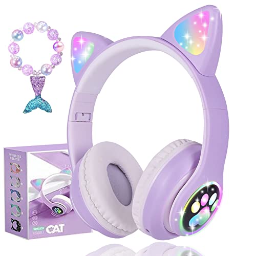 kuyaon Wireless Cat Ear Headphones for Kids, LED Light Up Kids Girls Bluetooth Headphones with Microphone for School/Travel/Sports/Gaming/Gifts/Christmas (Purple)