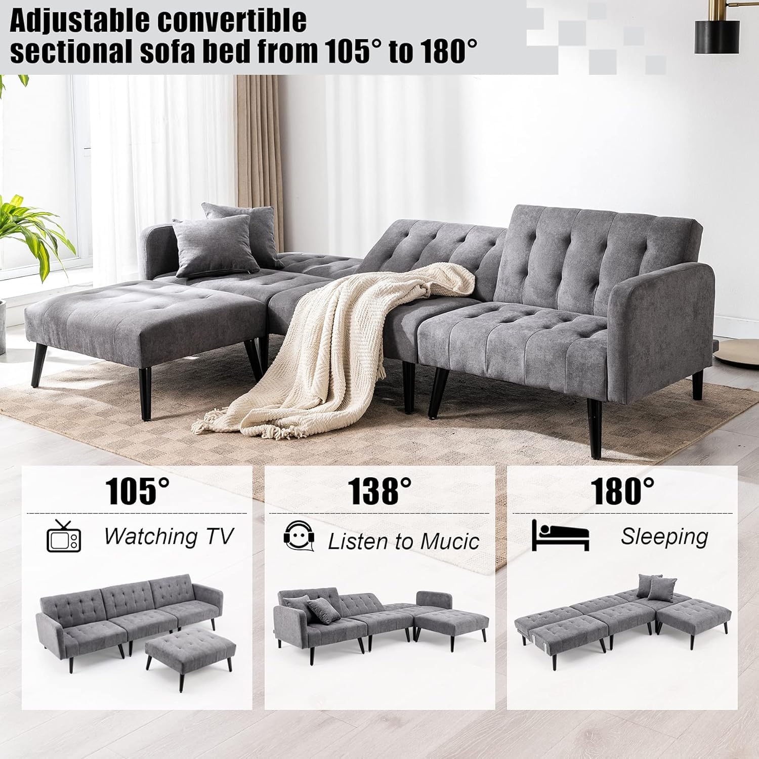 KissAir Modern Linen sectional Convertible Sofa Bed Reversible Sectional Sofa Sleeper Mid-Century Upholstered Comfy Couches for Living Room w/Chaise Lounge,Split-Back,Removable Armrests(Dark Grey)