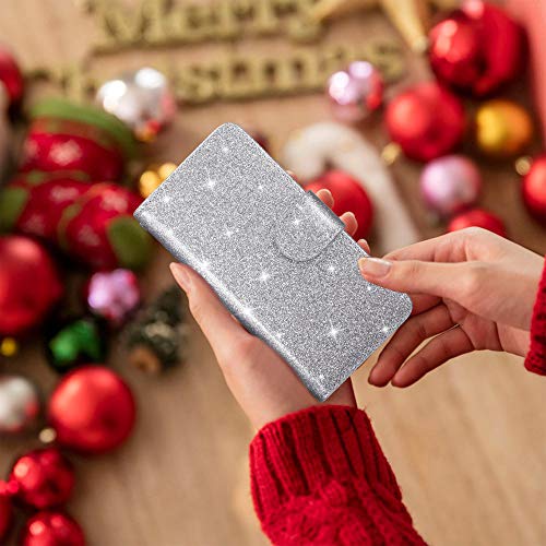 QLTYPRI iPhone 7 Plus Case iPhone 8 Plus Case Glitter PU Leather Wallet Case Detachable Magnetic Slim Case with Card Slots Kickstand 2 in 1 Design Removable Back Cover for iPhone 7P 8P - Silver
