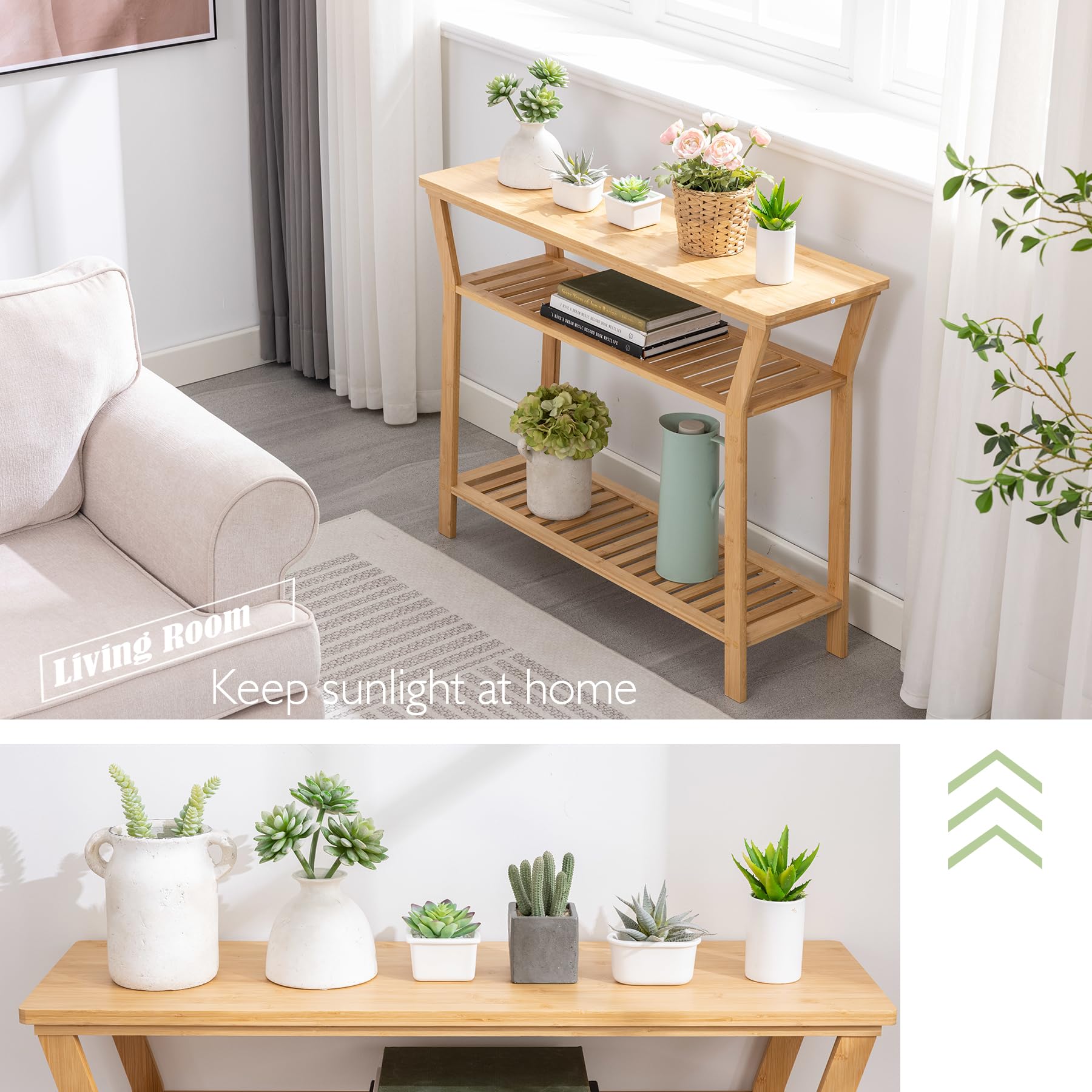 Nnewvante Bamboo Console Table Behind Couch, Entryway Table with Shelves, 3 Tier Narrow Sofa Table for Hallway, Living Room, Foyer 38.6"x11.8"