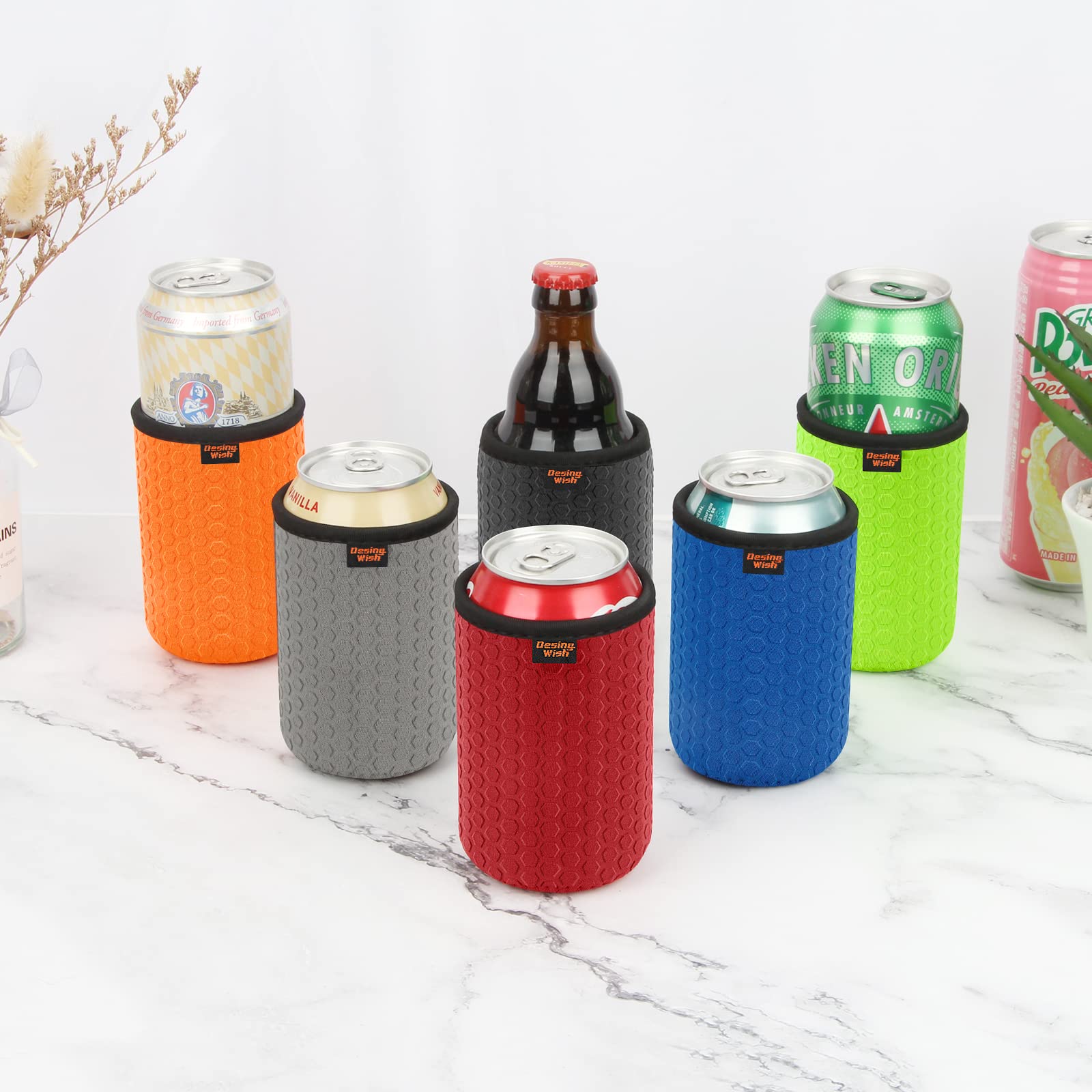 Desing Wish 12oz Standard Can Cooler Sleeve Holder Honeycomb Embossing Soda Can Cooler Insulated Sleeves Covers Non-slip Neoprene Drink Can/Bottle Holder 6 Pack (Black/Red/Blue/Orange/Green/Grey)