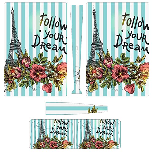 Eiffel Tower and Stripes of Flowers Full Protective Skin Cover Design Wrap Decal Sticker Compatible with PS5 Digital Edition Console and Controller