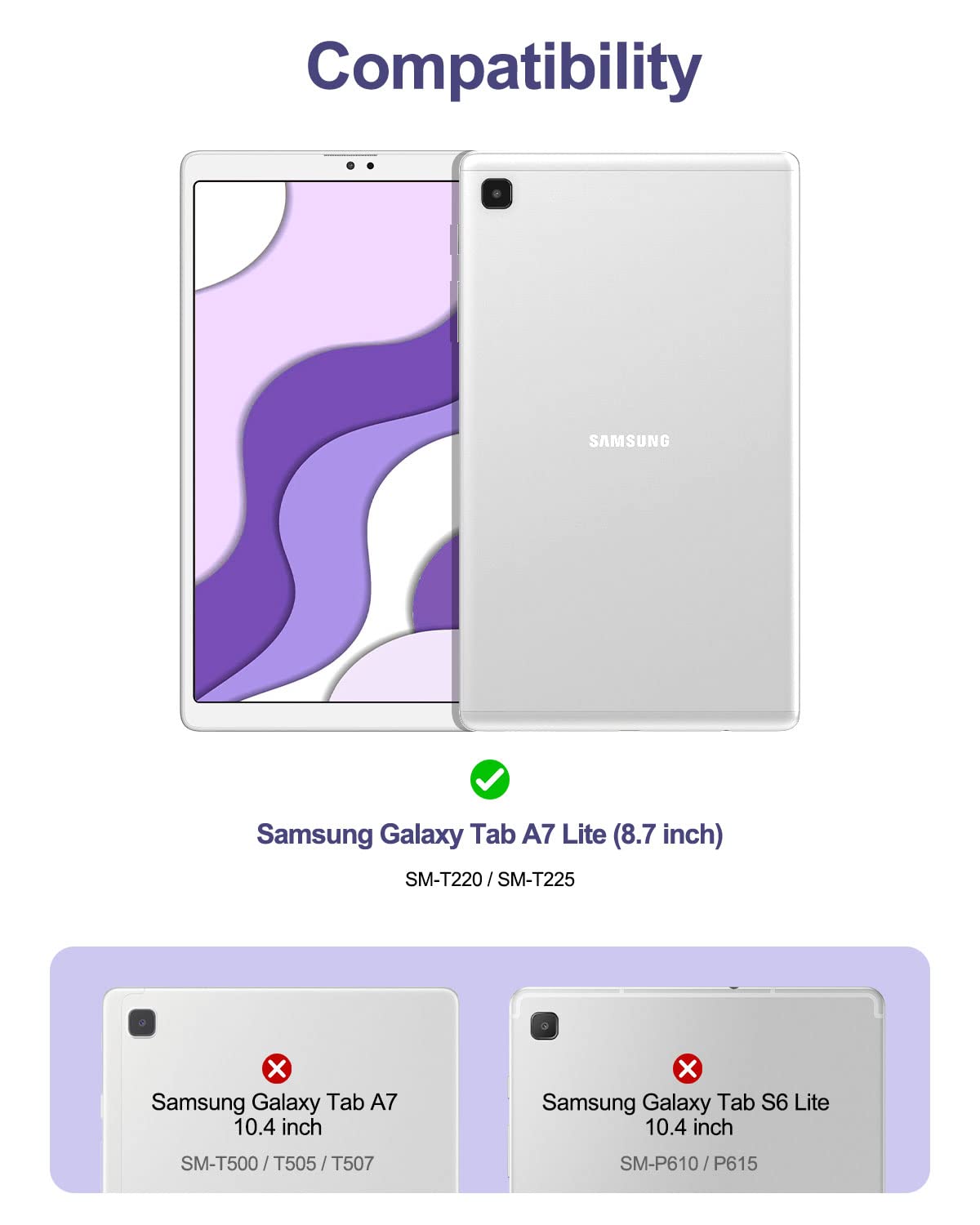 ONPINT Case for Samsung Galaxy Tab A7 Lite Case 2021 8.7 Inch (SM-T220 / T225 / T227),【Built in Screen Protector】 Lightweight Leather Case Full Body Smart Cover with Magnetic Trifold Stand-Purple