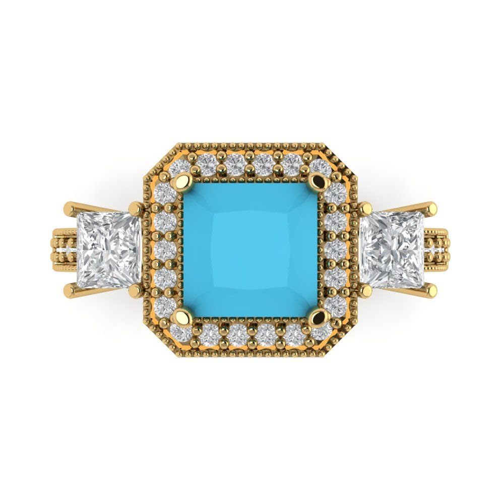 Clara Pucci 2.93 ct Cushion Cut Halo 3 stone Genuine Simulated Turquoise Engagement Promise Anniversary Bridal Ring 18K Yellow Gold 5.25