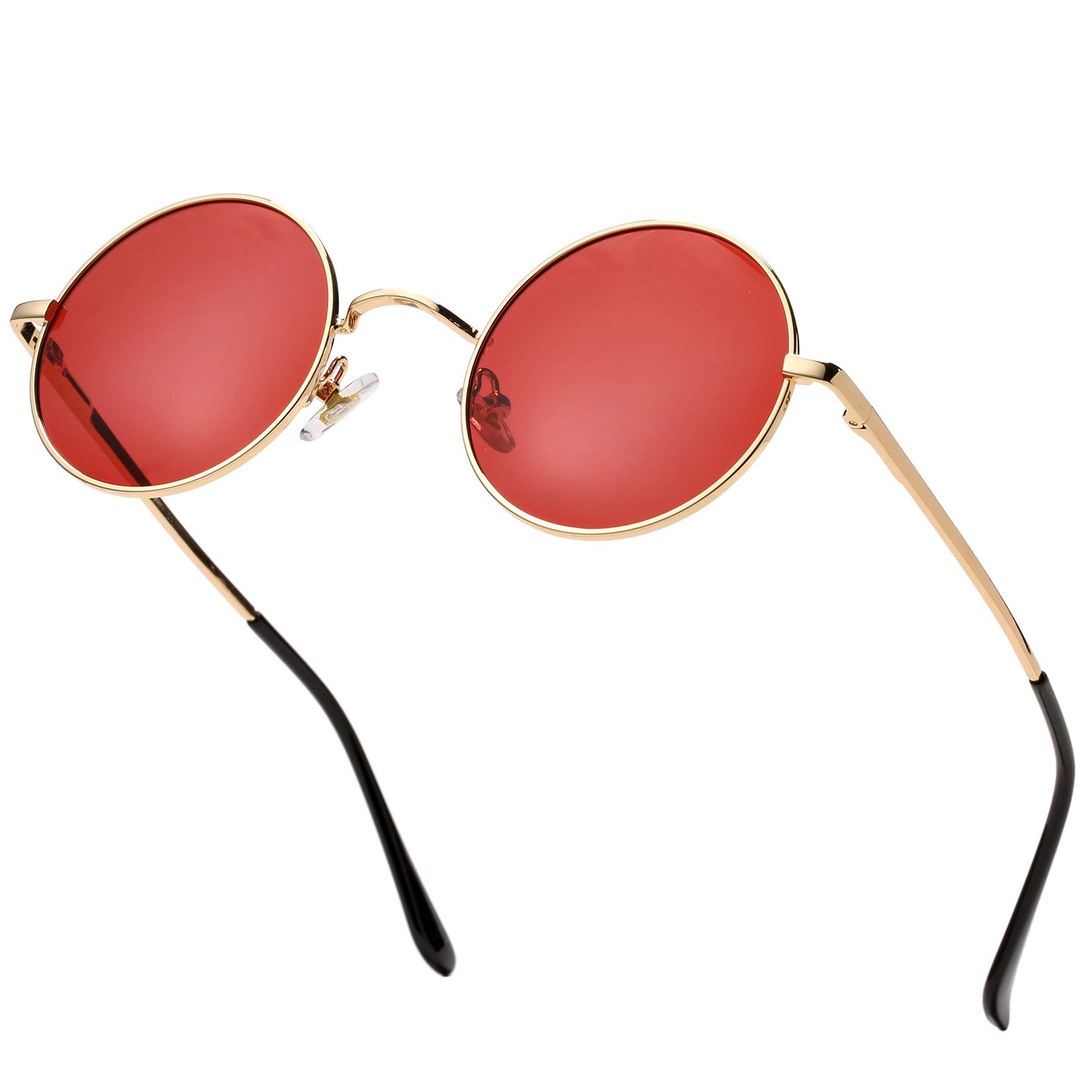 DeBuff Retro Round Polarized Sunglasses for Women Men Small Lennon Style Hippie Sun Glasses (gold frame, ocean red lens)