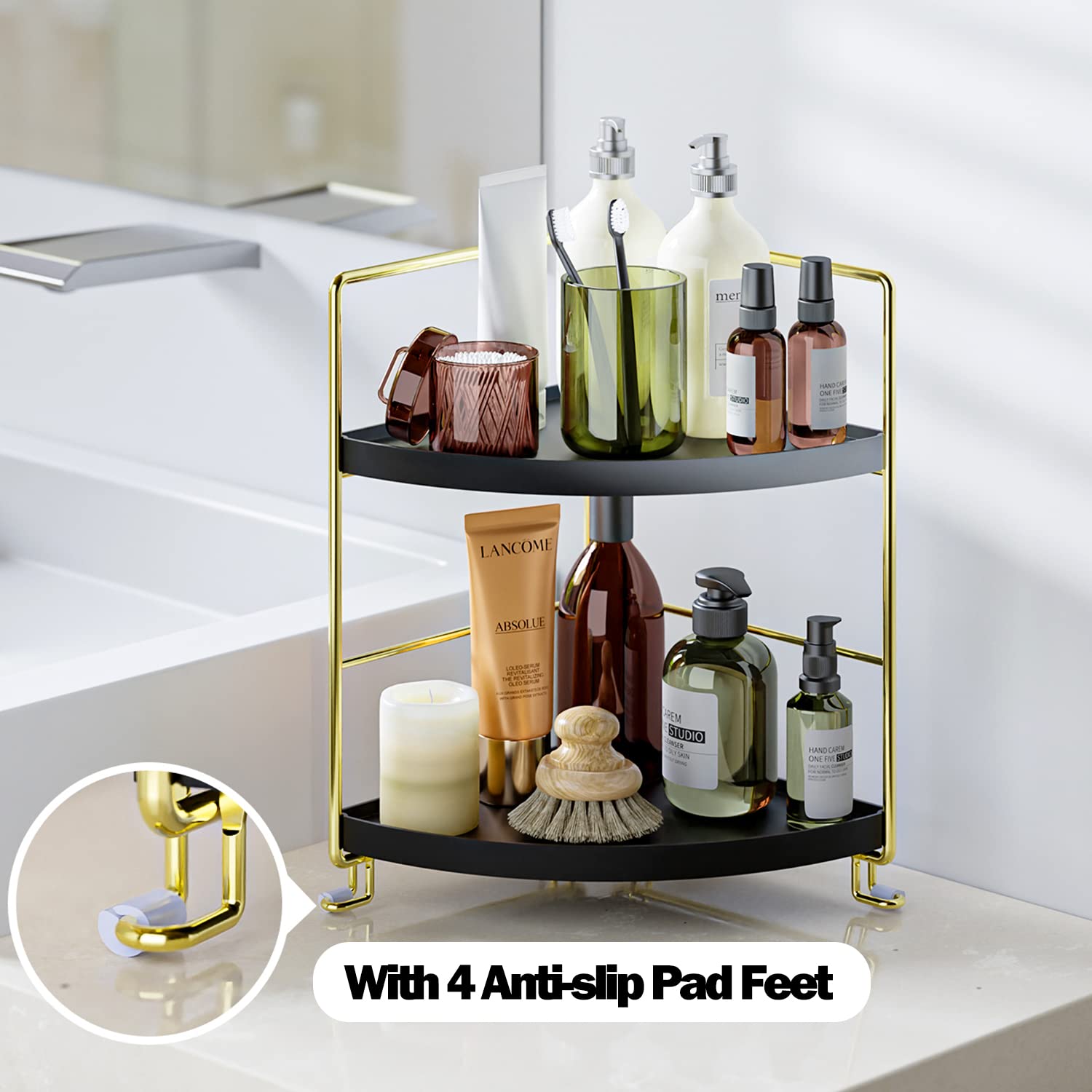 KINGBERWI 2-Tier Bathroom Corner Counter Organizer, Makeup Storage Shelf Vanity Tray, Bathroom Sink Countertop Organizer, Black
