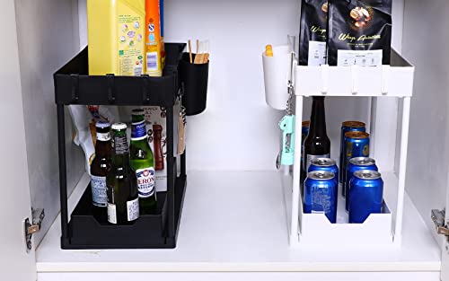 Qucover 2 Tier Under Sink Organizer, 2 Pack Bathroom Cabinet Organizers and Storage Sliding, Waterproof Kitchen Sink Organizer Under Cabinet Storage with Hooks, Hanging Cup, Black & White