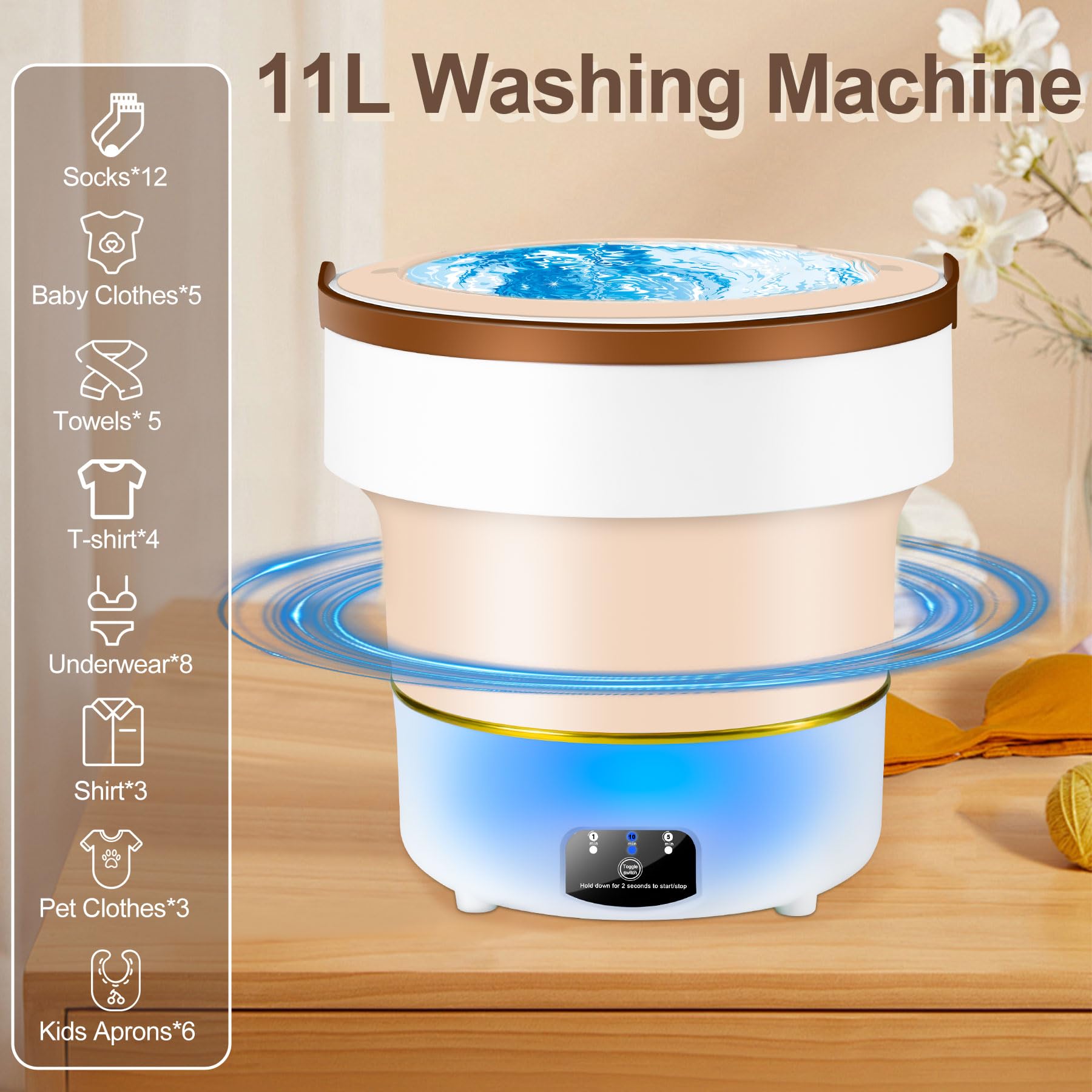 FineBud Portable Washing Machine, 11L Upgraded Large Capacity Foldable Washing Machine with 3 Modes Deep Cleaning for Underwear, Baby Clothes, Mini Washing Machine for Apartment, Camping, RV (Round)