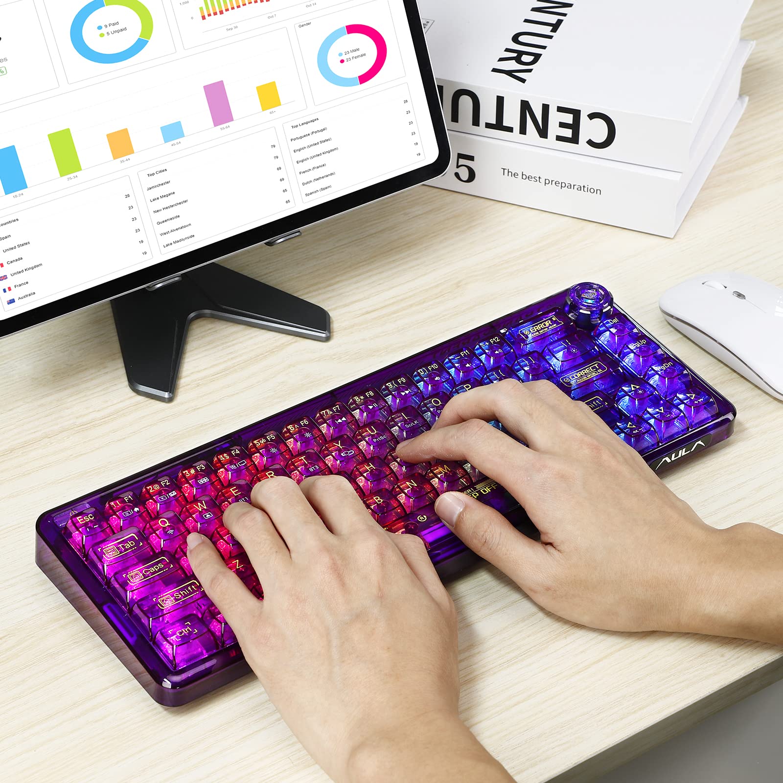 CHICHEN 60% Portable Mechanical Gaming Keyboard,Hot-swappable RGB Backlit Compact 68 Clear Keycaps,2.4Ghz wireless/Bluetooth/USB-C,Transparent Gasket Ice Crystal Switch (Transparent Black)