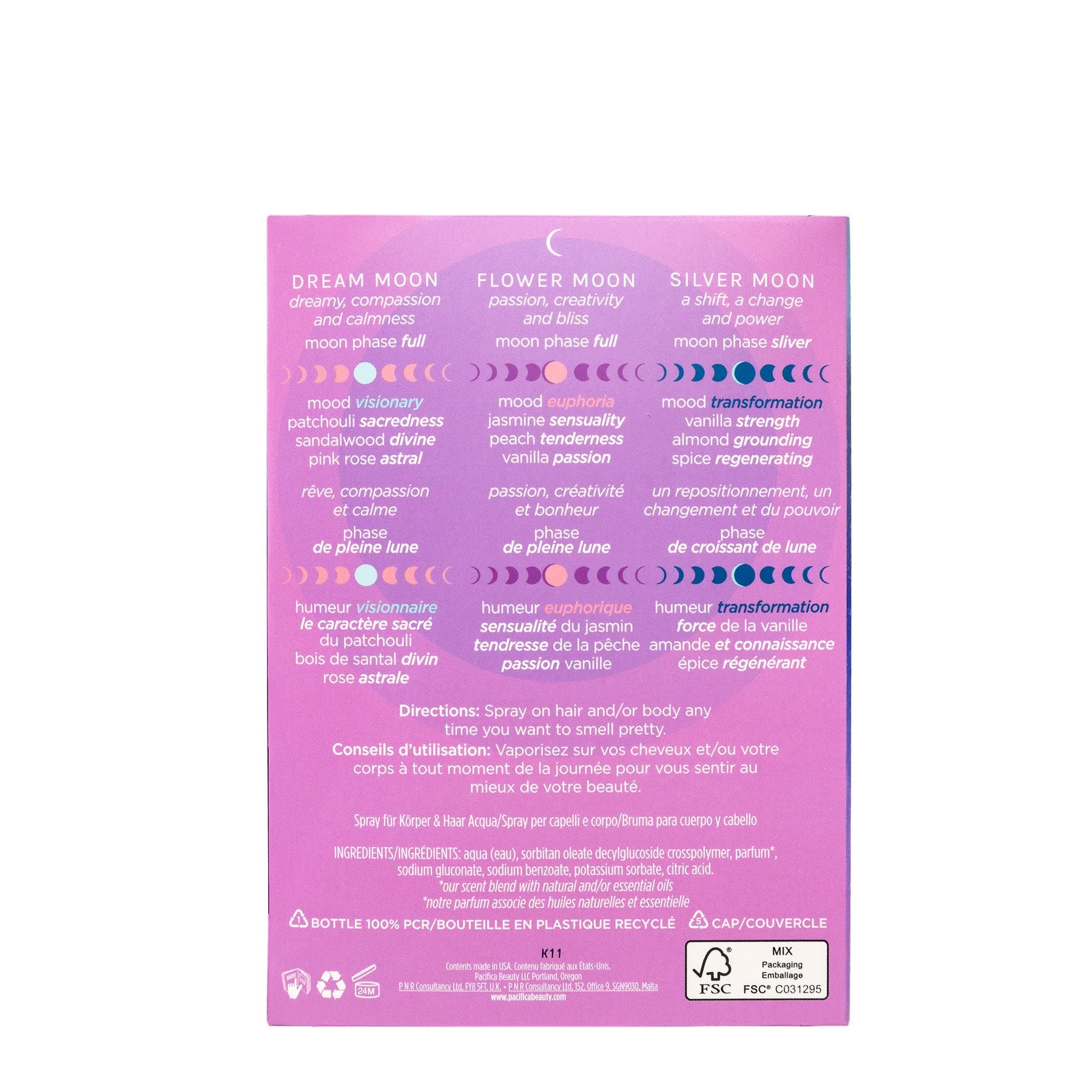 Pacifica Moon Moods Hair Perfume & Body Fragrance Spray Mist Trial Set – Dream, Flower & Silver Moon – Sampler Discovery Gift Pack – Travel-Size, Vegan & Cruelty-Free, 2 oz each (Pack of 3)