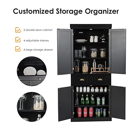 Tangkula 72" H Kitchen Pantry Cupboard Cabinet, Traditional Freestanding Large Tall Storage Cabinet with 2 Cabinets and Drawer, Adjustable Shelves Design, for Living Room Kitchen, 30 x 16 x 72 Inch