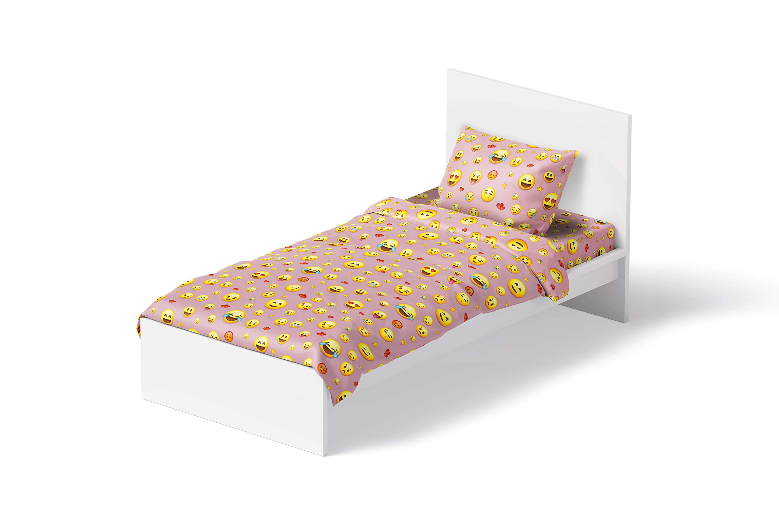 Chital Twin Bed Sheets for Girls | 3 Pc Colorful Kids Bedding Set | Pink Emoji Print | Durable Super-Soft, Double-Brushed Microfiber | 1 Flat & 1 Fitted Sheet, 1 Pillow Case | 15" Deep