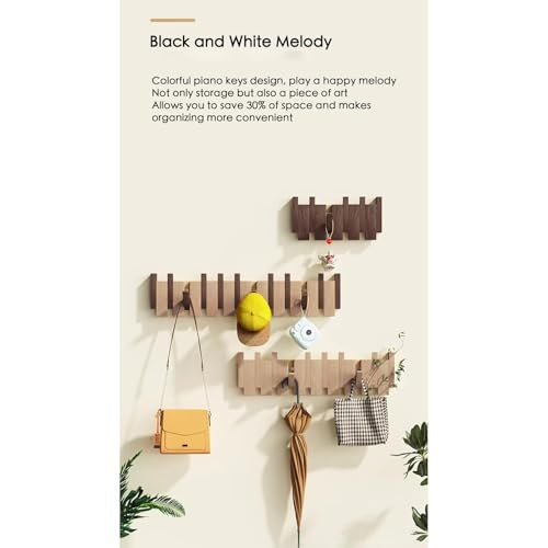 HEmlSkrona Beech-6 Hooks Wall Mounted Coat RackHooks Piano Key Hangers Natural Solid Wood Hangers Non-Woven Fabric Clothes Hangers for Closet, Kitchen, Bedroom, Bathroom, Entryway (Walnut, 4 Hooks)