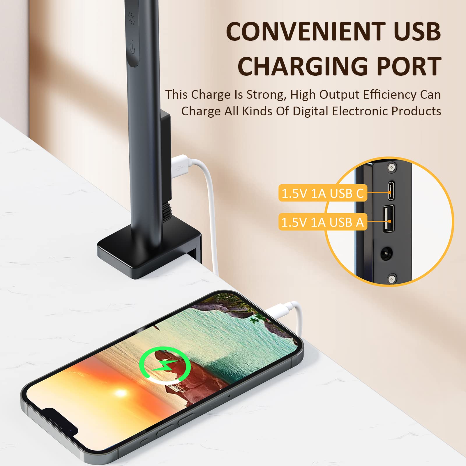 Desk Lamp for Home Office, Flexible Gooseneck Desk Lamps with Clamp, Desk Lamp with USB C and A Ports, 5 Modes 5 Brightness Architect Clip Light for Workbench Office Reading Study