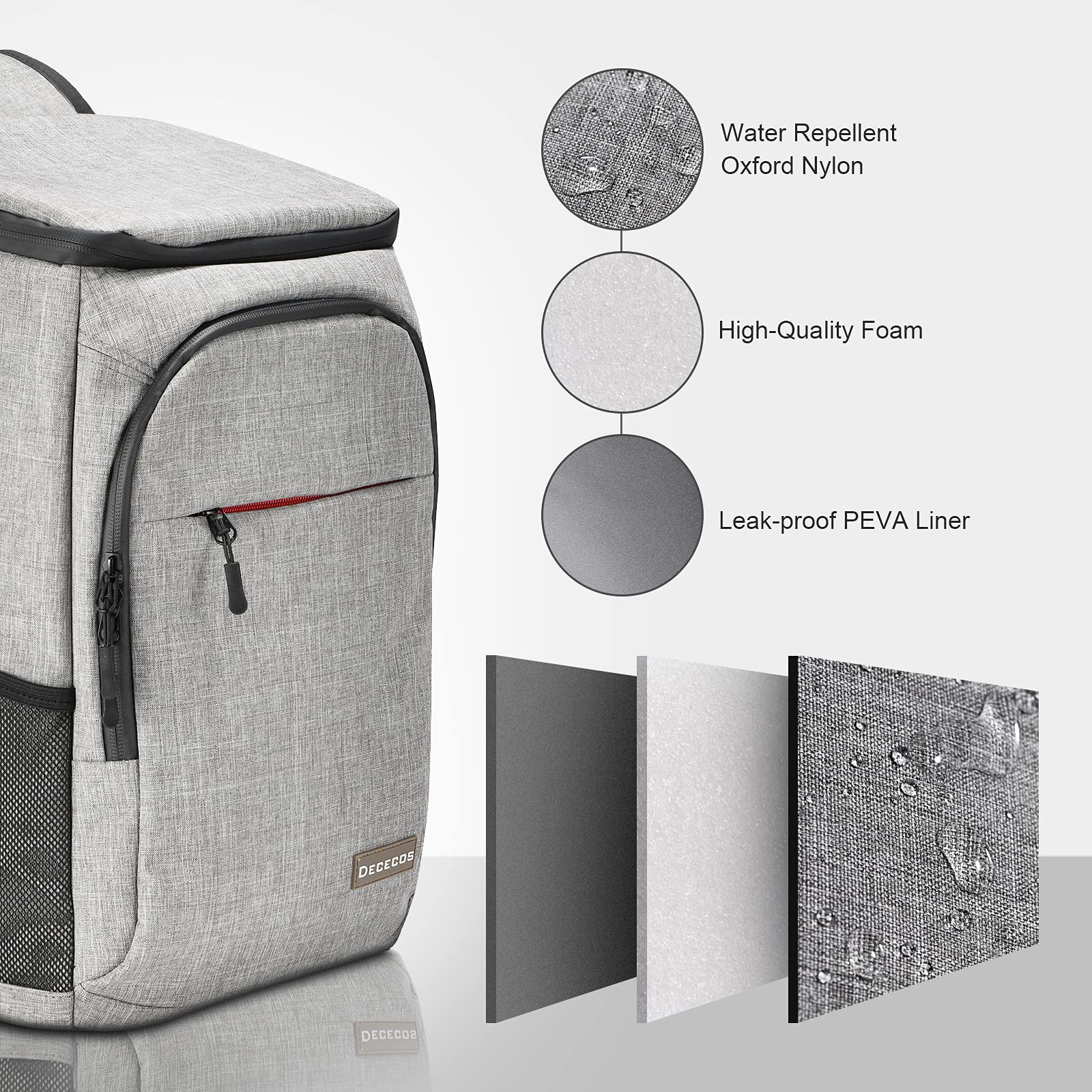 Dececos Cooler Backpack Grey with Corkscrew Soft Waterproof Adjustable Blanket Fixing Strap, Leak-Proof Insulated Cooler Bag for Camping, Hiking, Beach, Travel