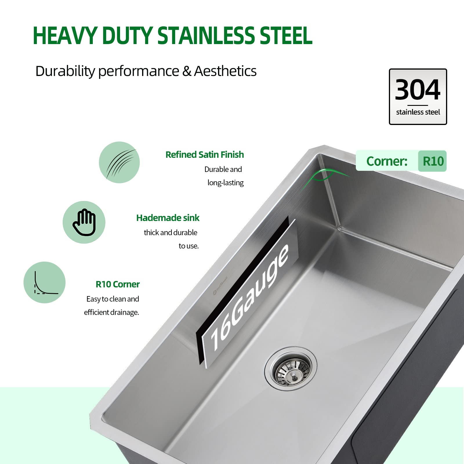EcoChannels Undermount Kitchen Sink, 32 x 19 Inch Sink Kitchen 16 Gauge Stainless Steel Large Kitchen Sinks Single Bowl