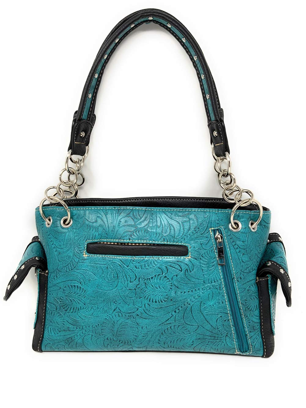 Western Tooled Leather/Laser Cut Bling Rhinestone Cross Wings Handbag Purse and Wallets in 5 Colors (Black Red Handbag)