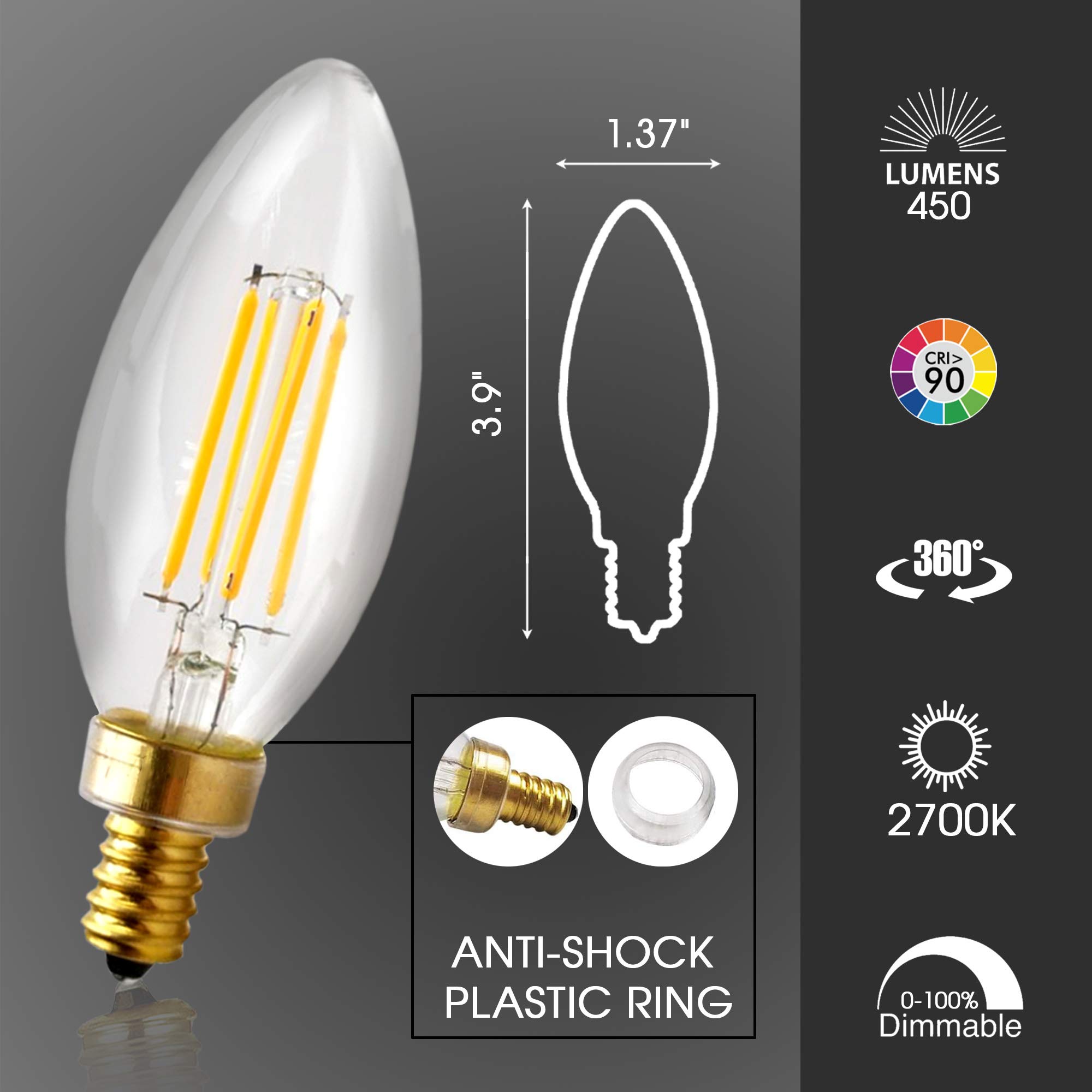 Deco Light Candelabra Led Light Bulbs – 40W Equivalent E12 LED Bulb 6-Pack Designed in USA – HD 450 Lumens Warm White (2700K) Dimmable Candle LED Bulbs – UL Listed Chandelier Bulbs