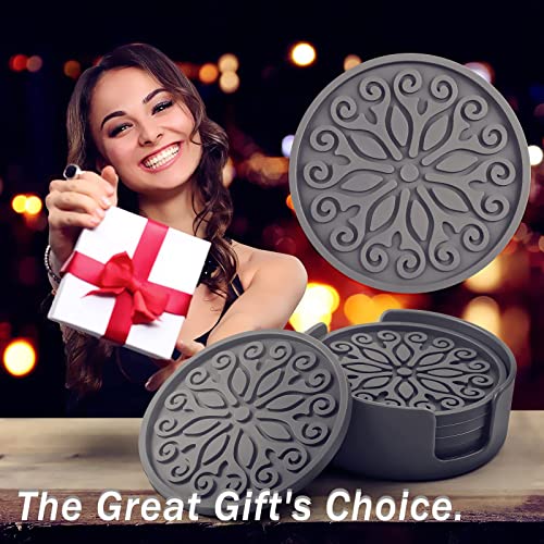 Qusum Coasters for Drinks,Resistant Reusable Silicone Coasters with Holder,Set of 6 - Great Gift for Birthday, Housewarming, Room Decor, Holiday Party, Bar Coasters(Grey), 1grey