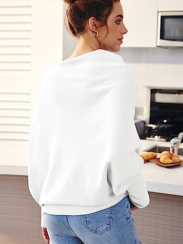 LILLUSORY Womens 2023 Fall Long Batwing Sleeve Off Shoulder Tunic Tops Oversized Crewneck Lightweight Slouchy Pullover Sweaters White
