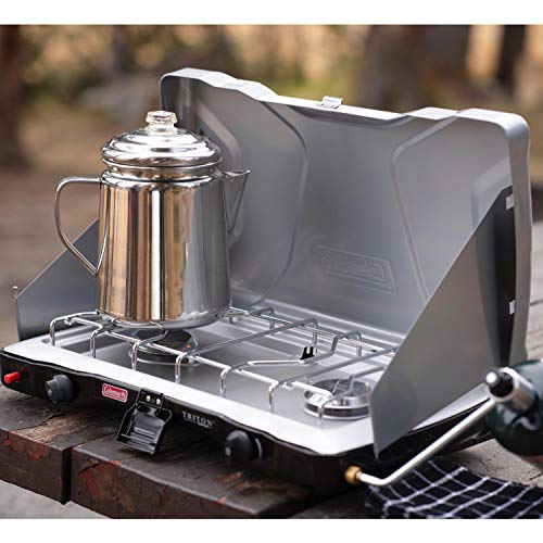 Coleman Triton+ 2-Burner Propane Camping Stove with Push-Button Instant Ignition, Portable Camping Grill/Stove with Adjustable Burners, Wind Guards, and 22,000 Total BTUs of Power