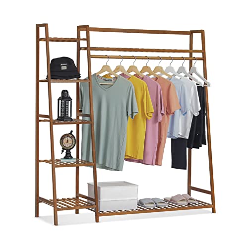 MoNiBloom Bamboo Clothing Rack with 5-Tier Storage Shelves Trapezoid Multi-Functional Clothes Rack, Clothes Hanging Rack Stand for Bedroom Living Room, Brown