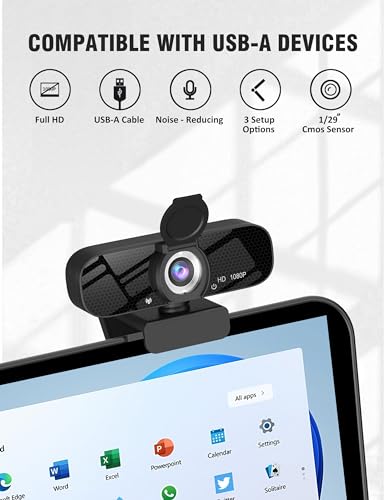 Full HD Webcam with Built-in Microphone and Rotatable Tripod, 1080P Video and Wide Angle Camera, Privacy Cover, for Desktop PC or Laptop Computer (Webcam with USB Cable)