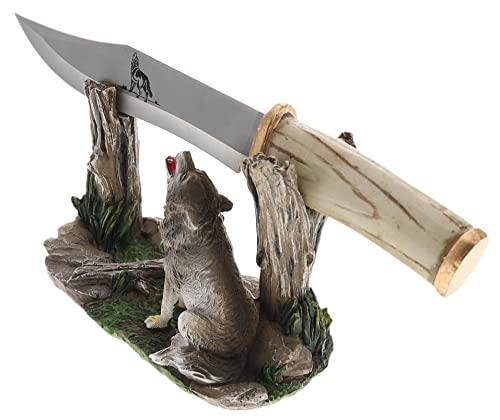 Deleon Collections Decorative White Wolf Knife - Majestic Howing Wolf Display Stand - Rustic Lodge Decor