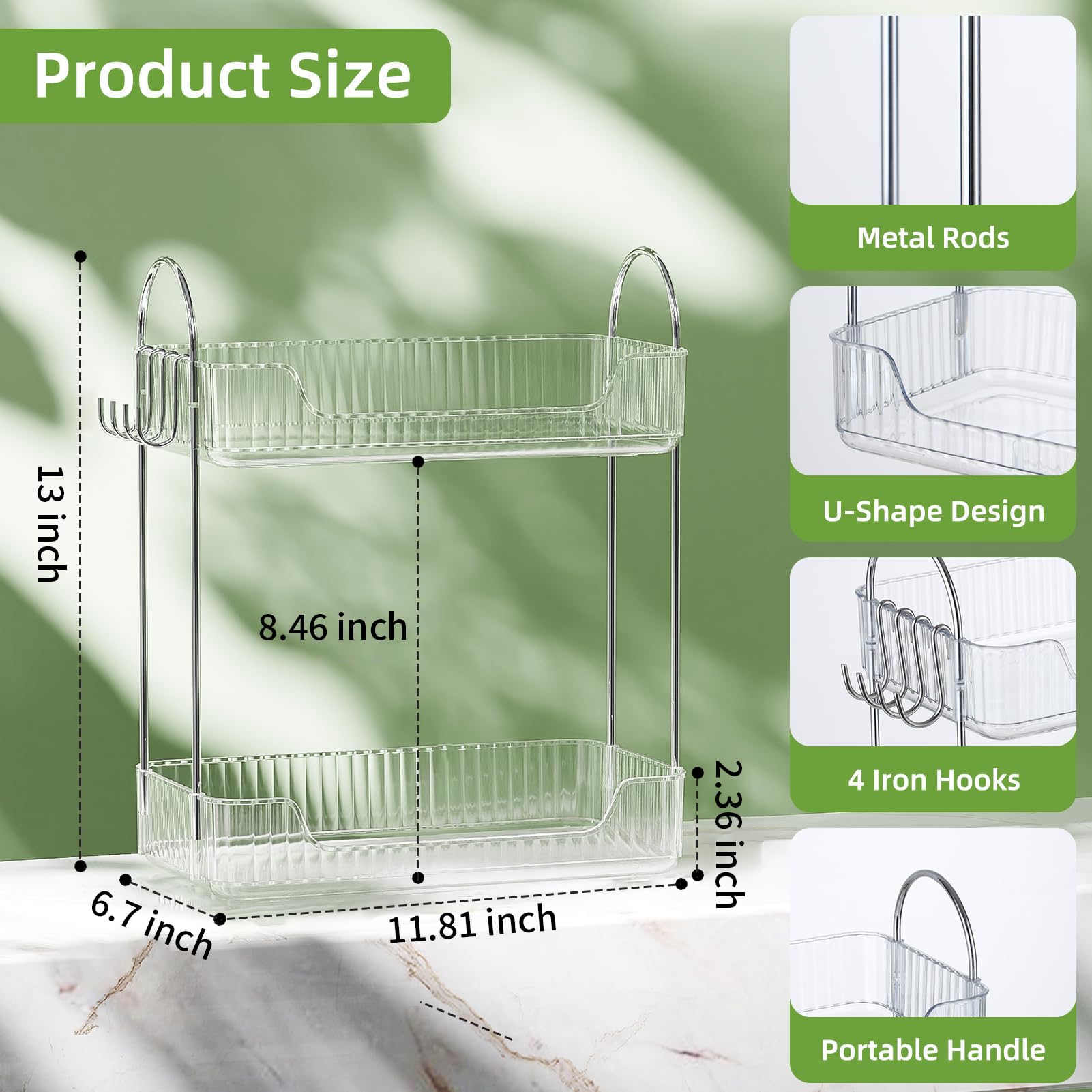 Kinkota 2 Tier Bathroom Organizer Countertop, Plastic Bathroom Counter Organizer, Vanity Tray Shelf Storage with Hooks, for Makeup/Kitchen Spice Rack, (Clear)