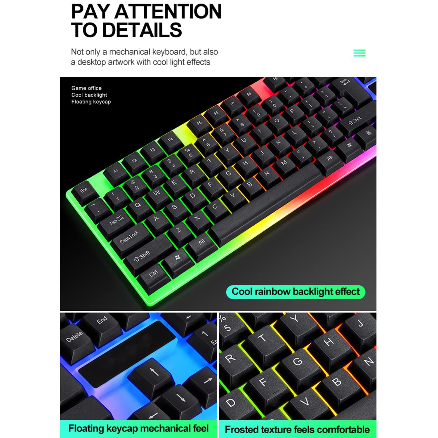 EXHNLE Wired Gaming Keyboard Mouse Combo LED Rainbow Backlit Gaming Keyboard RGB Gaming Mouse, with 104 Key Computer PC Gaming Keyboard for PC/Laptop (Color : Black)