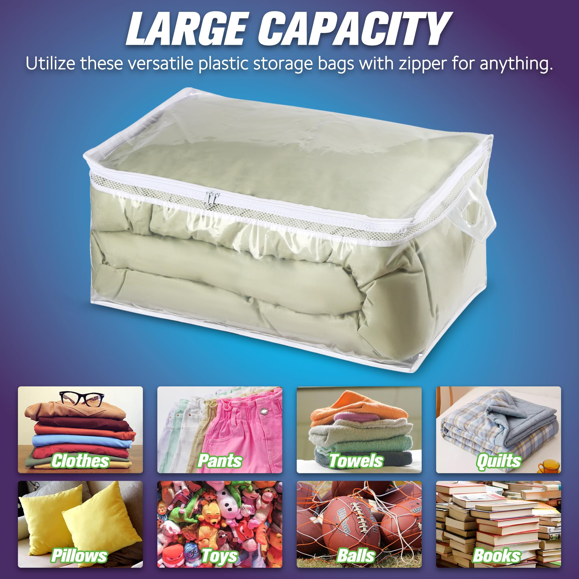 HIBAG 20 Gallon Large Storage Bag for Clothes, Zipper Clothing Storage Bag, Clear Organizer with Reinforced Handles, for Comforters Blankets Pillows Bedding (2 Pack)
