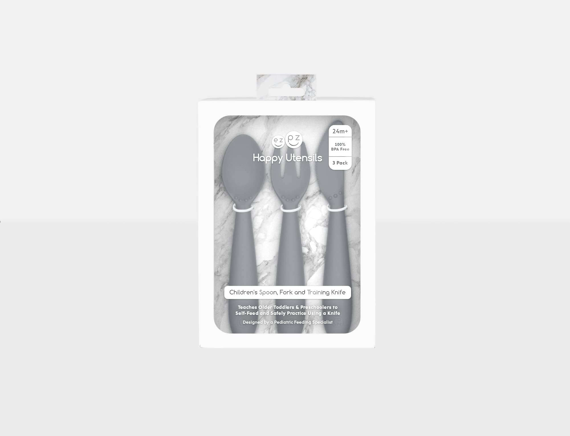 ezpz Happy Utensils - 100% BPA Free Fork, Spoon & Knife for Toddlers + Preschoolers + Self-Feeding - Designed by a Pediatric Feeding Specialist - 24 Months+ (Gray)