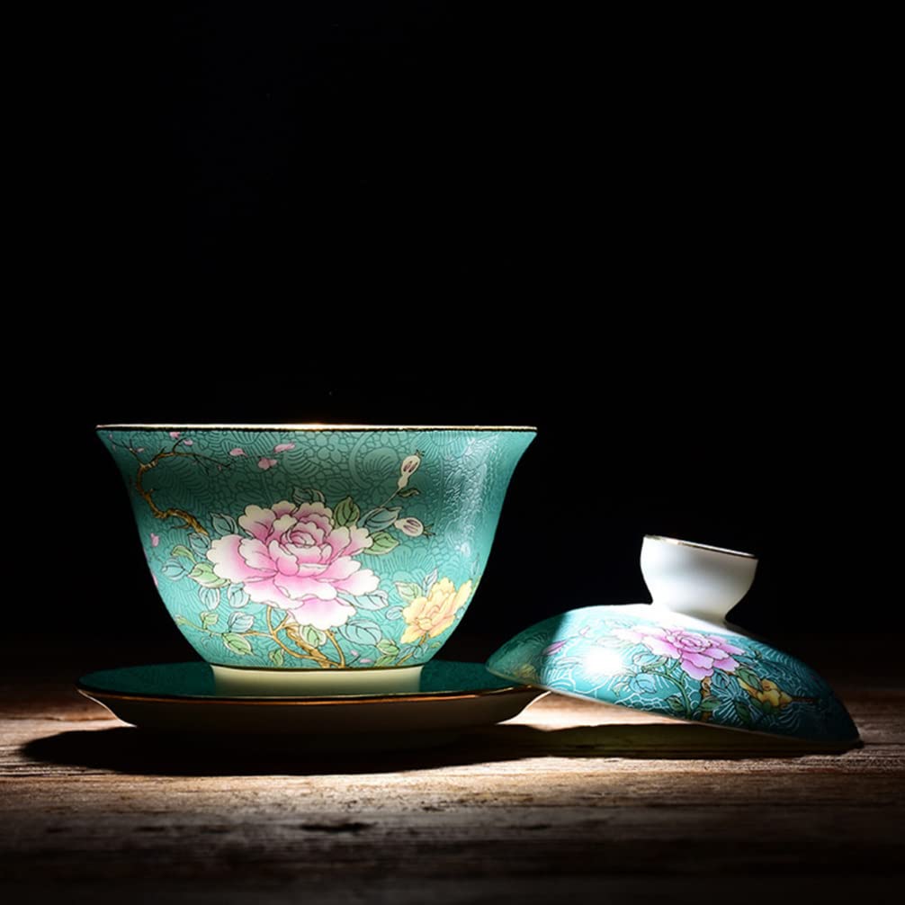 FOMIYES Chinese Porcelain Teacups Gaiwan Poney Flower Tureen Tradition Sancai Cover Bowl Lip Cup Saucer Tea Set Loose Tea Blooming