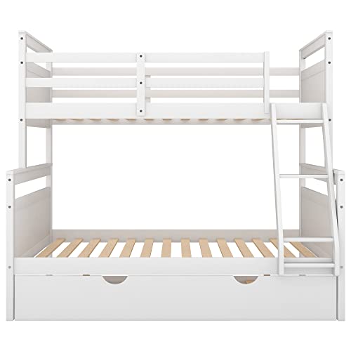 TARTOP Twin Over Full Bunk Bed with Trundle, Solid Wood Bunk Bed Frame with Ladder and Safety Guardrail, for Kids Teens Adults,No Spring Box Needed,White