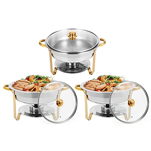 Restlrious Chafing Dish Buffet Set 3 Pack Stainless Steel Round Chafers and Buffet Warmers Set with Glass Lid in Gold Accents, 5QT Complete Set for Buffet Catering w/Water and Food Pan, Fuel Holder