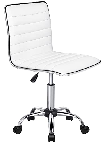 OFIKA Office Desk Chair, Adjustable Task Chair, Low Back Faux Leather Ribbed Swivel Chair, Armless Home Rolling Vanity Chair Retro with Wheels,