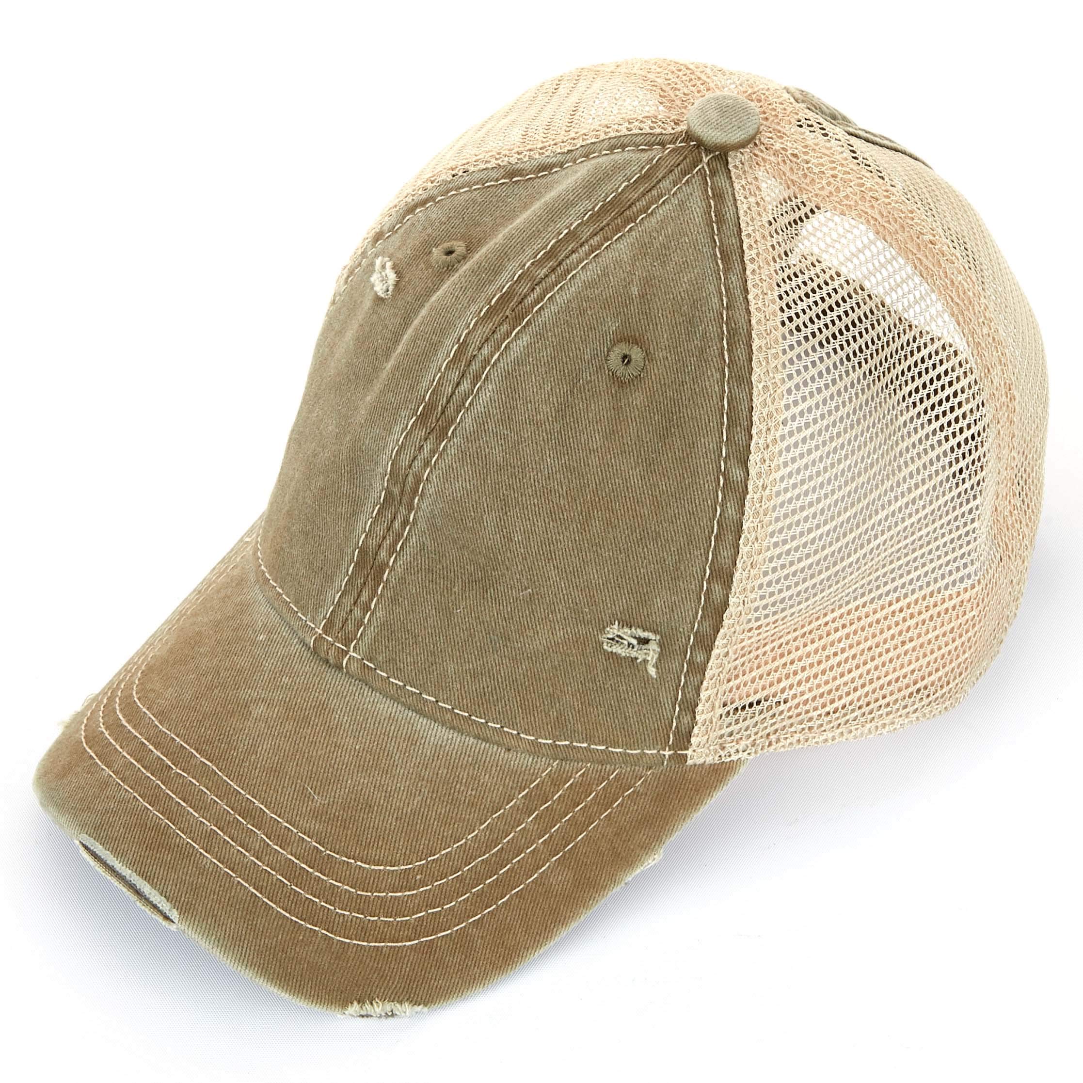 Classic Back Distressed Ponycap: Olive W/Beige Mesh