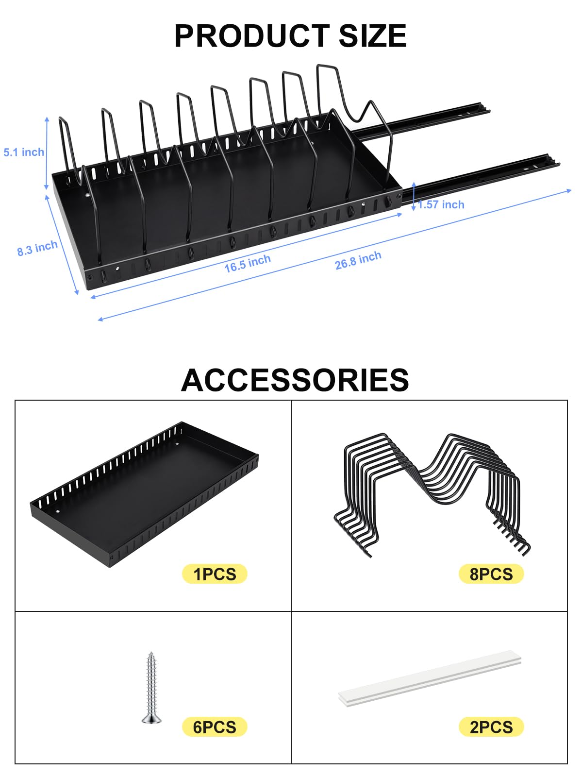HOTEC Pull Out Pots and Pans Organizer for Kitchen Cabinets β Versatile Under-Cabinet or In-Cabinet Pot Lid and Pan Rack with 8 Adjustable Dividers, Adhesive Nano Strip/Screw Installation
