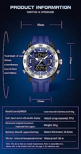 KXAITO Men's Watches Sports Outdoor Waterproof Military Watch Date Multi Function Tactics LED Face Alarm Stopwatch for Men 6029 (Blue)
