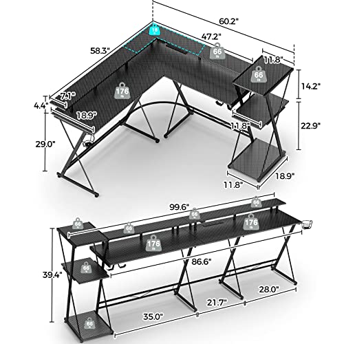 SEVEN WARRIOR L Shaped Gaming Desk with LED Lights & Power Outlets, 58” Reversible Computer Desk with Storage Shelf & Monitor Stand, Corner Desk with Cup Holder, with Headphone Hook, Black