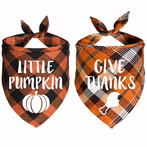 JOTFA 2 Pack Halloween Thanksgiving Day Dog Bandanas, Holiday Fall Plaid Dog Puppy Bandana Scarf Little Pumpkin Give Thanks Dog Costume for Small Medium Large Dogs Pets