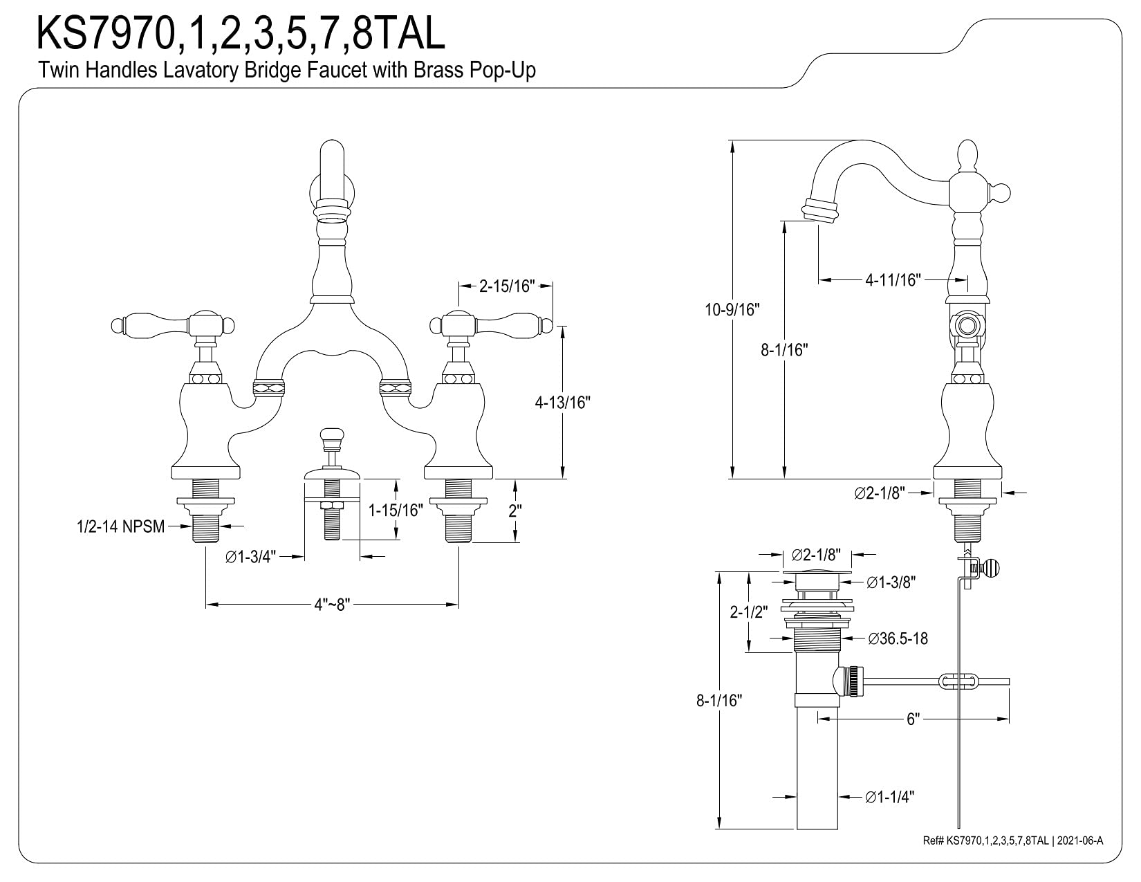 Kingston Brass KS7971TAL 4 3/4" in Spout Reach Bridge Lavatory Faucet with Brass Pop Up, Polished Chrome