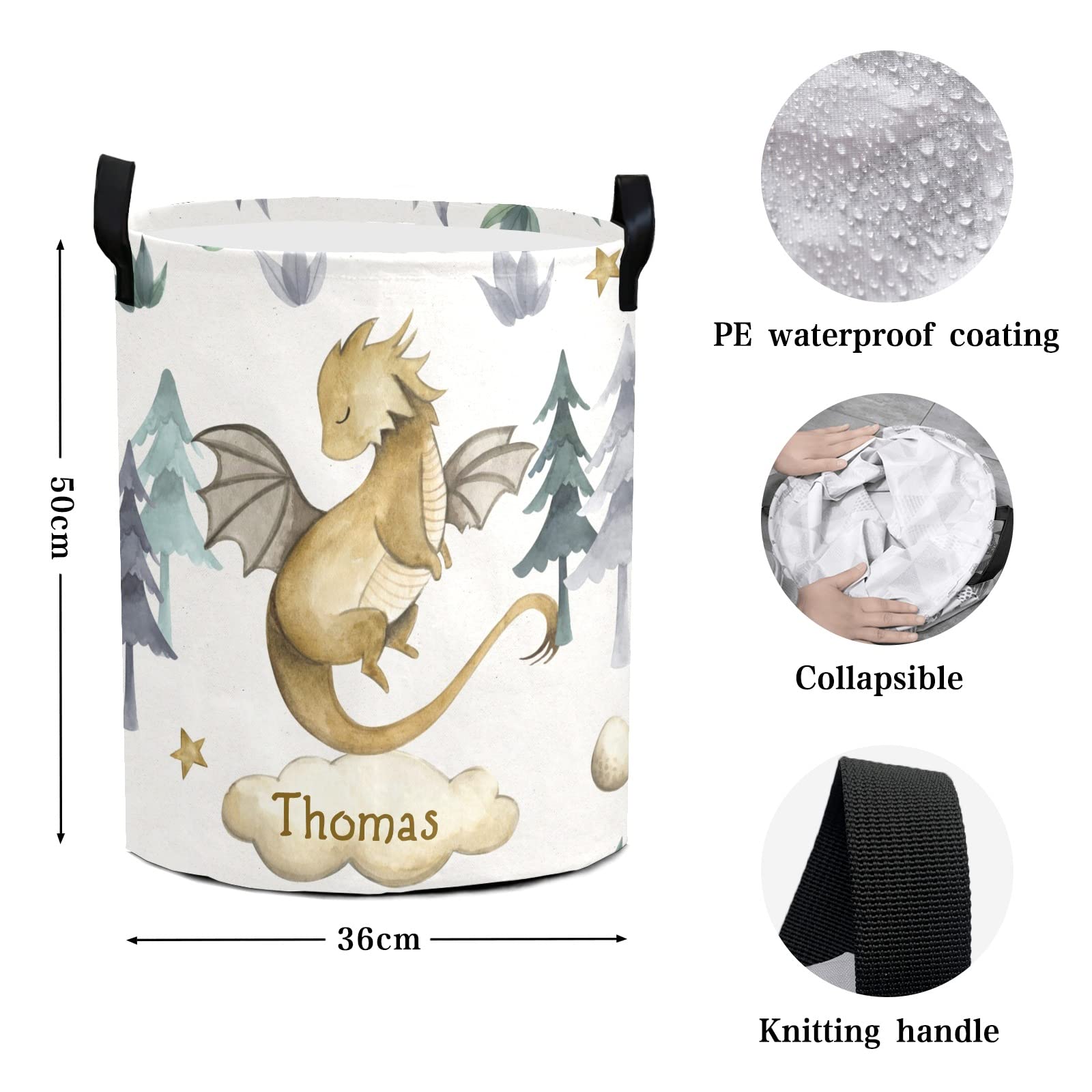 Cute Flying Dragon Personalized Laundry Hamper,Custom Name Collapsible Waterproof Laundry Basket Storage Bins with Handle for Clothes,Toy,Nursery