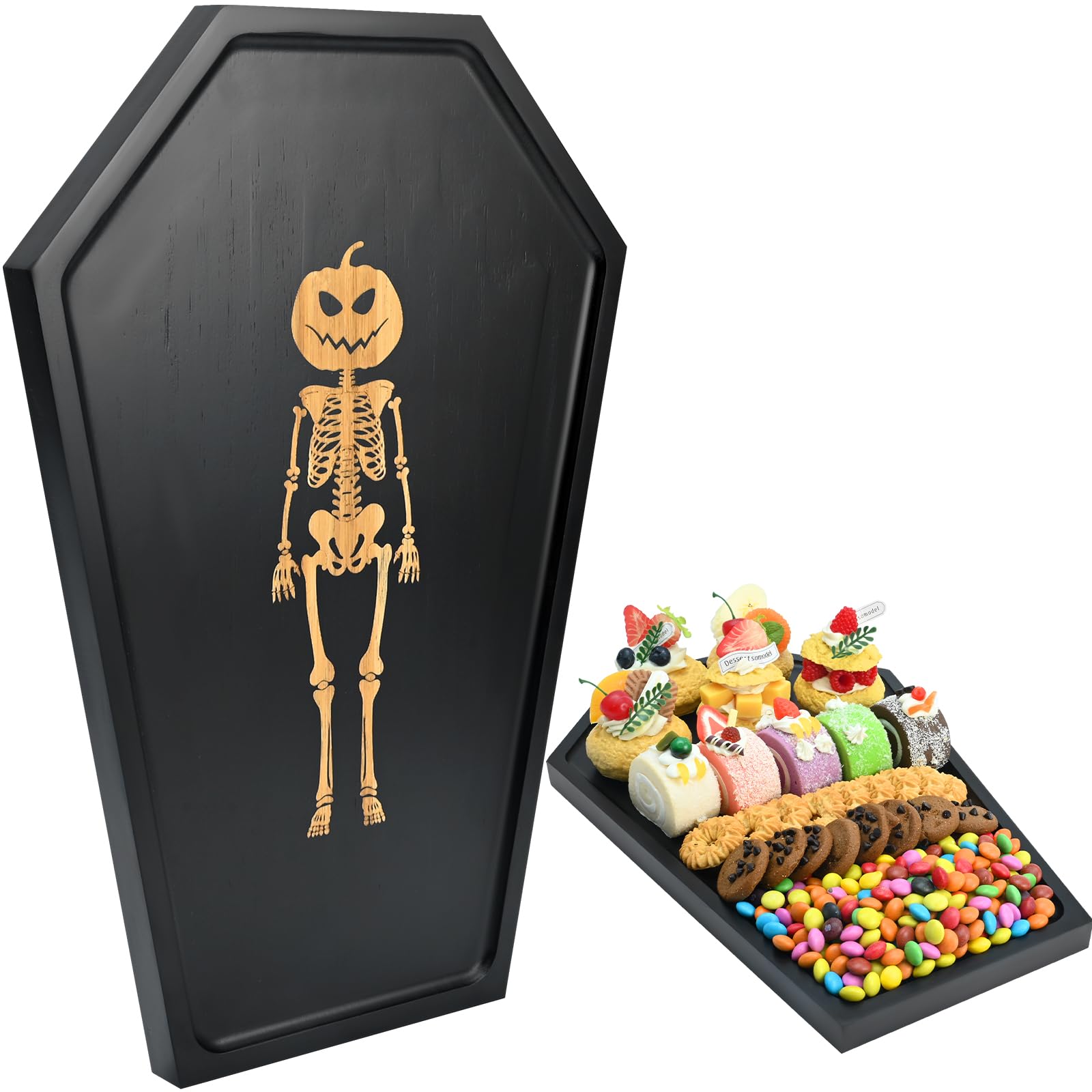 Halloween Coffin Charcuterie Board 15.8'' Tall Goth Coffin Serving Dishes Wood Horror Skeleton Serving Platters Funny Casket Ouija Cheese Appetizers Board for Halloween Food Tray Party Plates Decor