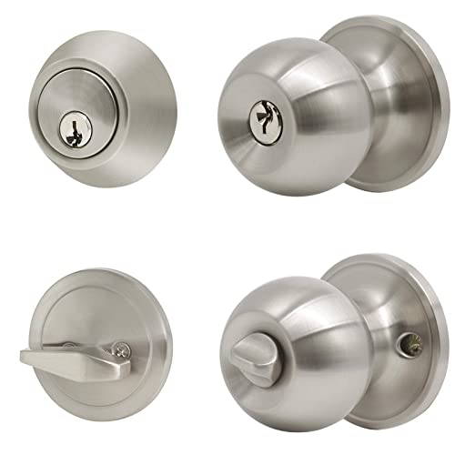 Knobonly 8 Pack Round Ball Front Door Knob and Single Cylinder Deadbolt Combo Sets, Satin Nickel Door Knob Set, Keyed Alike