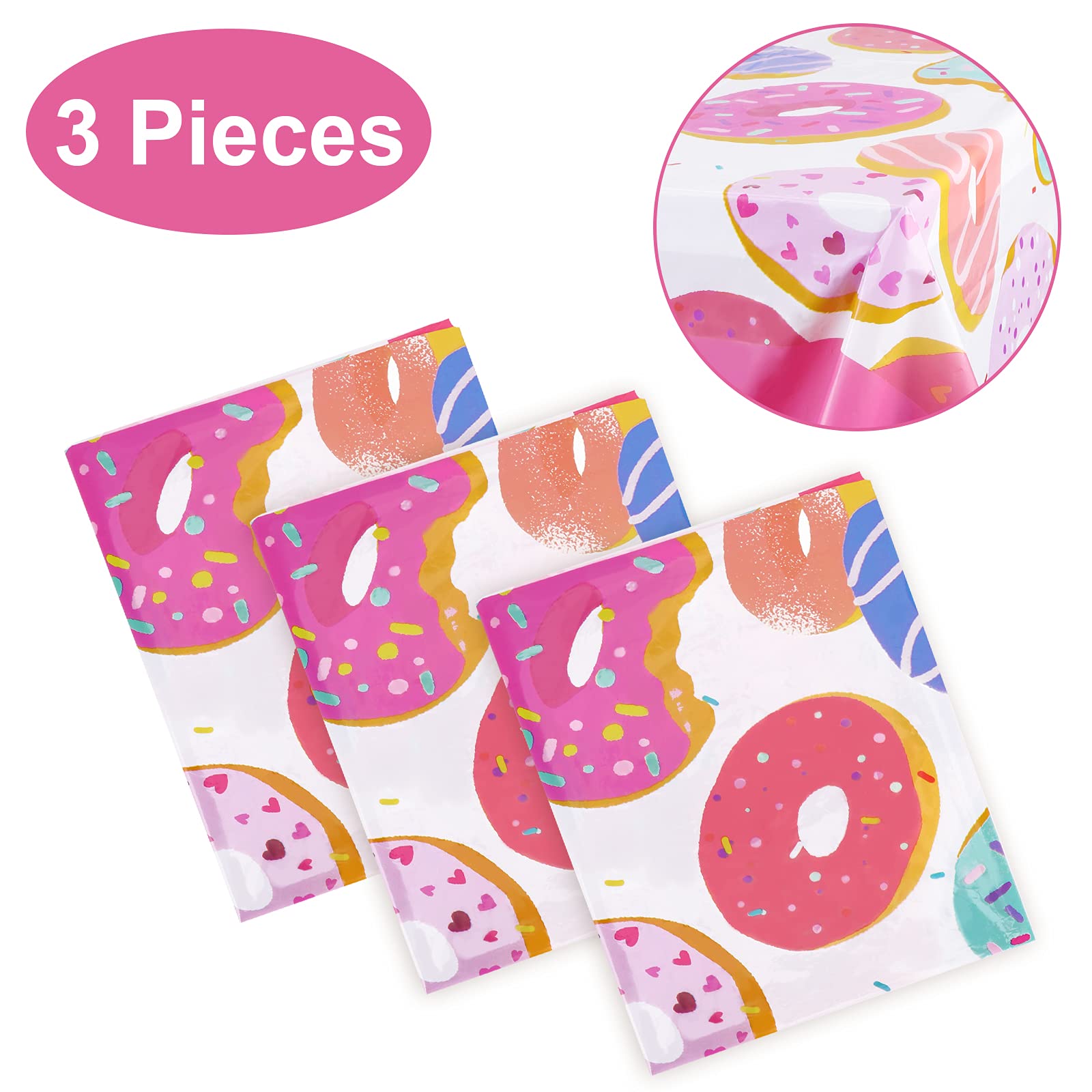 PHOGARY 3 Pack Donut Theme Tablecovers, Disposable Tablecloth, Dessert Time Party Supplies, Ideal for Girl Birthday Parties, Baby Showers, Donut Parties