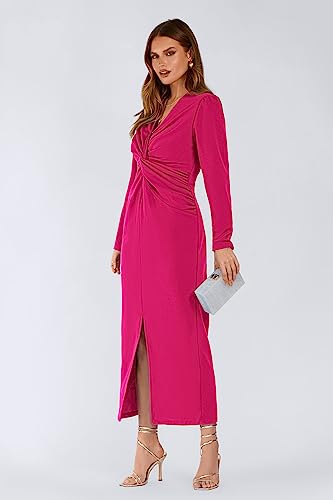 PRETTYGARDEN Women's Fall Fashion 2023 Long Puff Sleeve Maxi Dresses V Neck Twist Front Formal Dress with Slit (Rose Red,Medium)