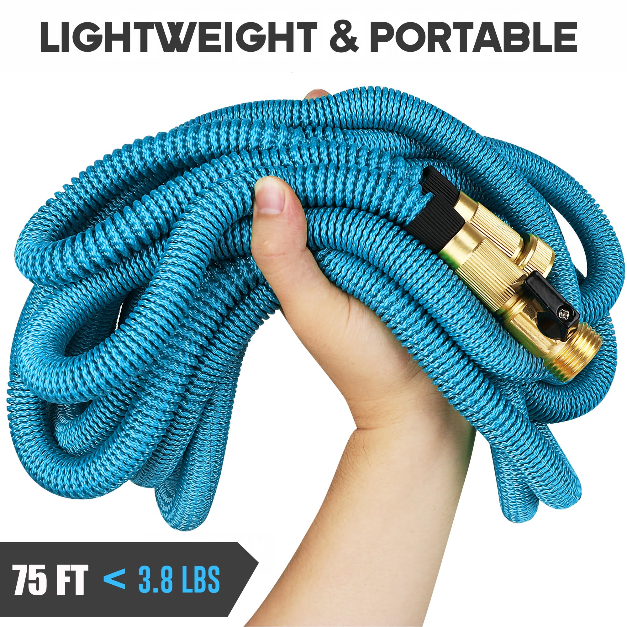 Expandable Garden Hose 75 ft with 10 Function Spray Nozzle - New Patented Water Hose with 50 Layers of Innovative Nano Rubber - Lightweight, Durable, Flexible, 75ft Retractable Stretch Hose, Blue